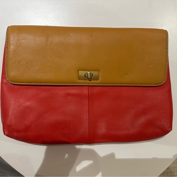 J. Crew | Bags | J Crew Red And Tan Leather Clutch With Goldtoned ...